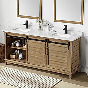 OVE Decors Edenderry 72" Double Undermount Sink Bathroom Vanity with Cultured Marble Countertop and Barn Doors, Pre-Assembled | Backsplash Included | 03 Drawers and Power Bar, 72 inches, Rustic Almond