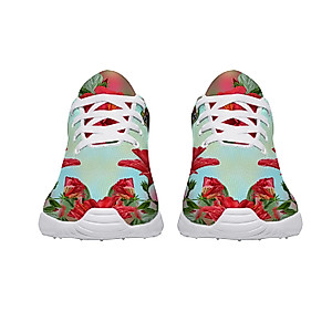 Hummingbird Shoes Girls Womens Running Shoes Tennis Walking Sneakers Red Tropical Flower Hibiscus Hummingbird Print Shoes Gifts for Friends,Size 3.5