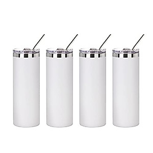 PYD Life Sublimation Blanks Tumbler Skinny Straight Matte White Powder Coating 20 OZ Coffee Stainless Steel Tumbler Cups with Lid and Metal Straw for Tumbler Heat Press 4 Pack