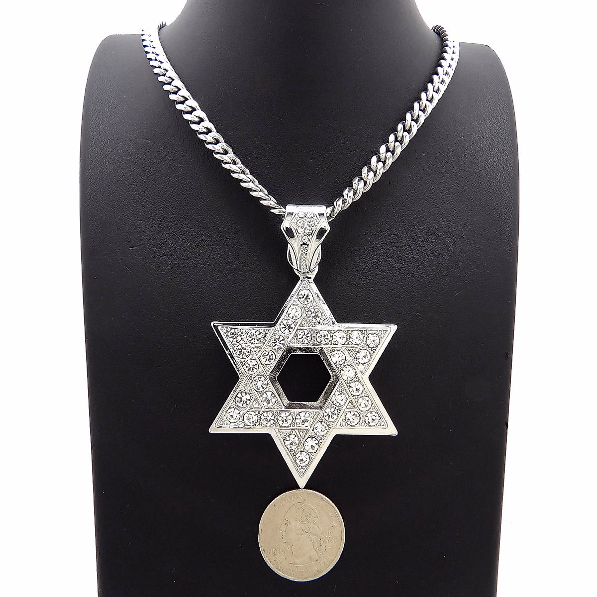 iJewelry2 Stainless Steel Silver Tone Crystals Open Star of David Charm Pendant Cuban Chain Necklace
