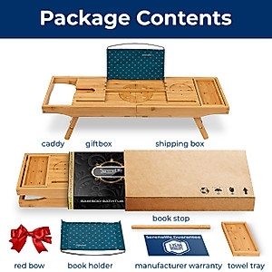 SereneLife 2 in 1 Bed and Bath Tray - Foldable Bamboo Bathtub Caddy with Adjustable Length, Non-Slip, Device Holder, Wine Glass Slot, Expandable for Comfortable Bathing (Folding, Soft Back, Gift Set)