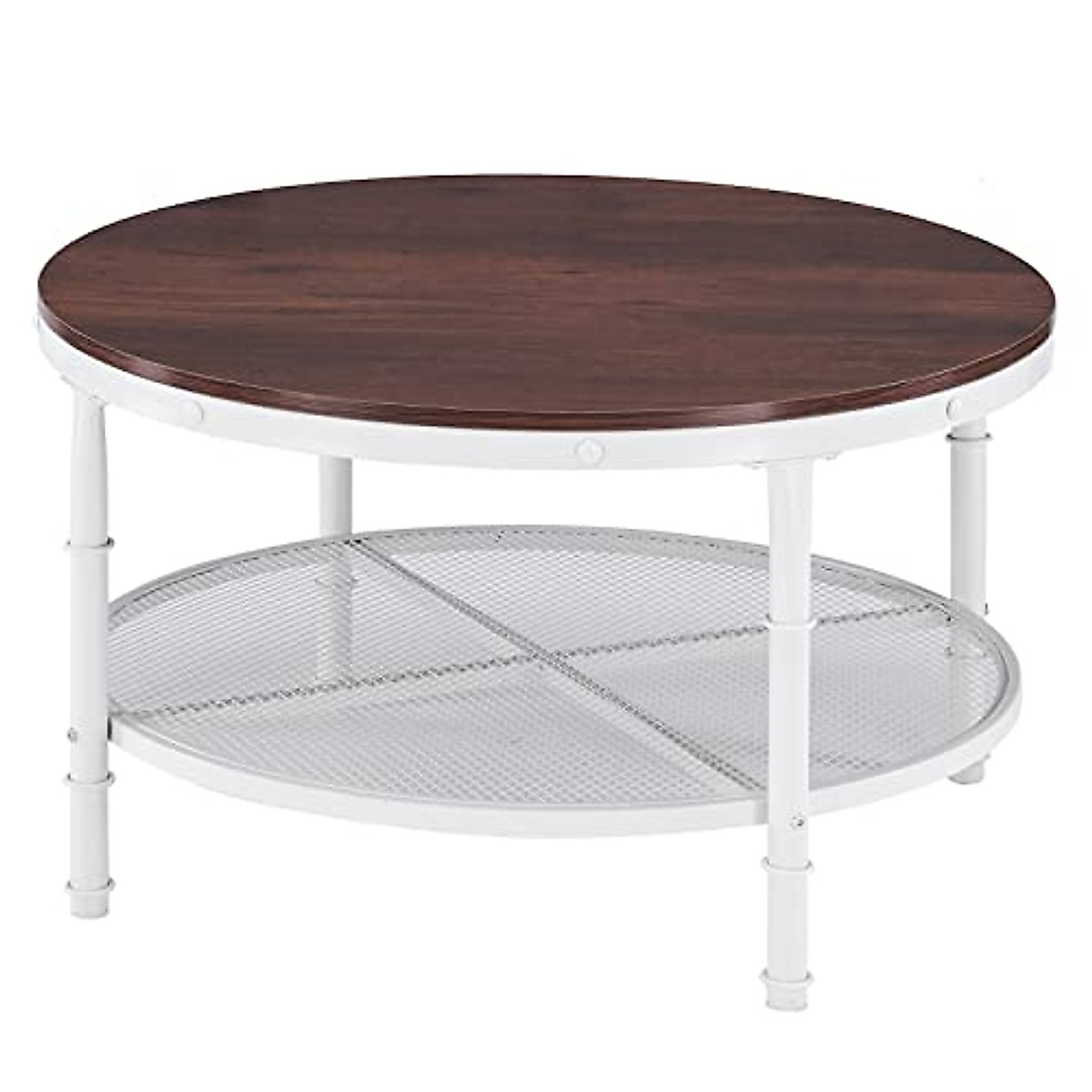 VINGLI 31.5" Rustic Oak White Round Farmhouse Coffee Table, 2-Tier Storage Wood Center Circle Accent Table for Living Room, Bedroom, Apartment, Studio and Small Spaces, Sturdy Metal Frame