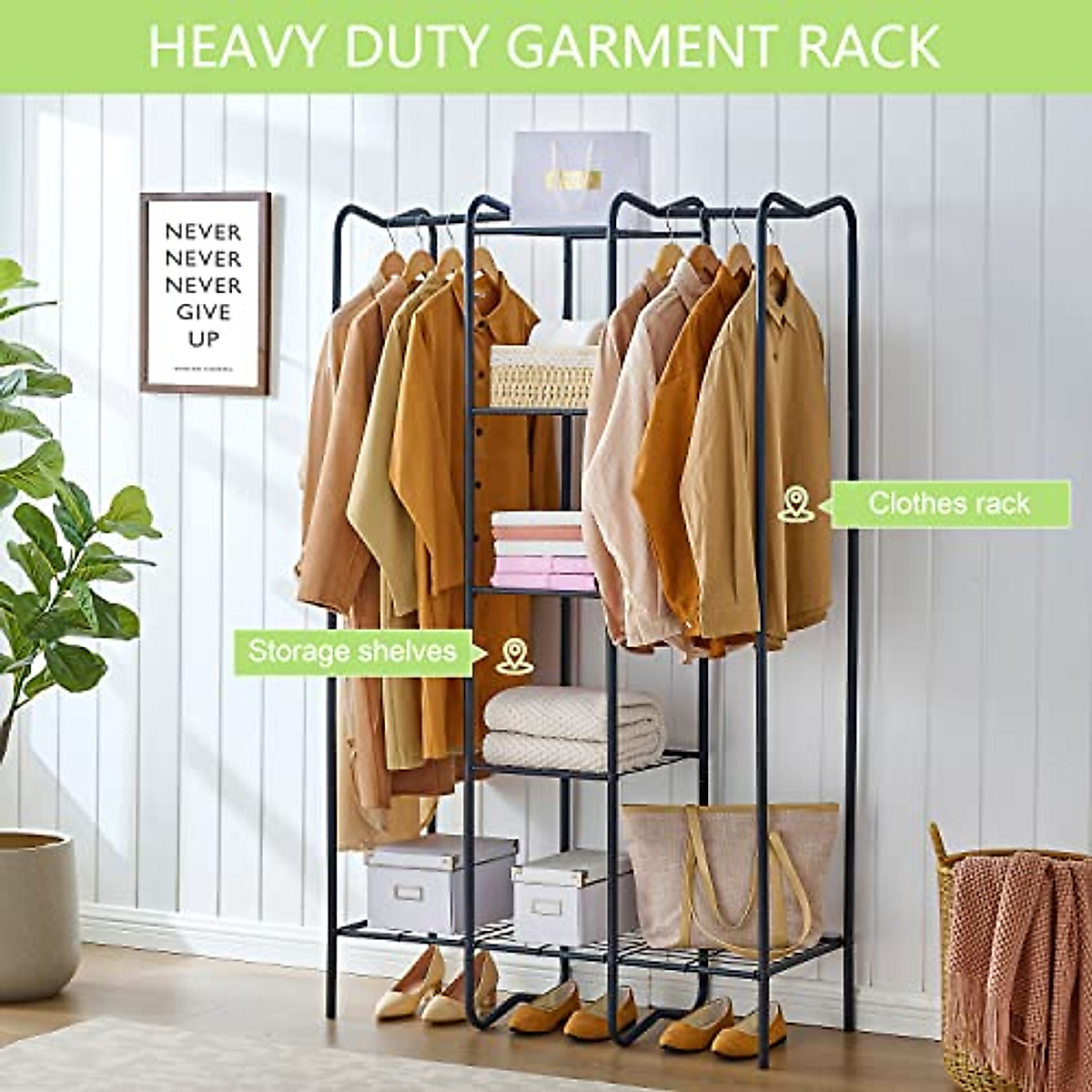 Clothes Rack with Shelves, Metal Closet Wardrobe Clothes Organizer, Portable Wardrobe Closet for Hanging Clothes with Hanging Rods, Freestanding Wire Shelving Garment Rack Closet Organizer and Storage