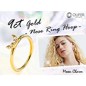 OUFER 20G Nose Rings Hoops, 9K Solid Gold Seamless Open Nose Rings, Moon Design Cartilage Earrings, Nose Piercing Jewelry for Women and Men