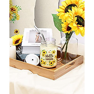 Sunflower Mason Jar Mug with Lid and Straw 16oz Glass Tumbler with Handle Bottle Set for Iced Coffee Smoothie Boba Milk Tea Juices Travel Hello Sunshine Wedding Thanksgiving Christmas Bridesmaid Gift