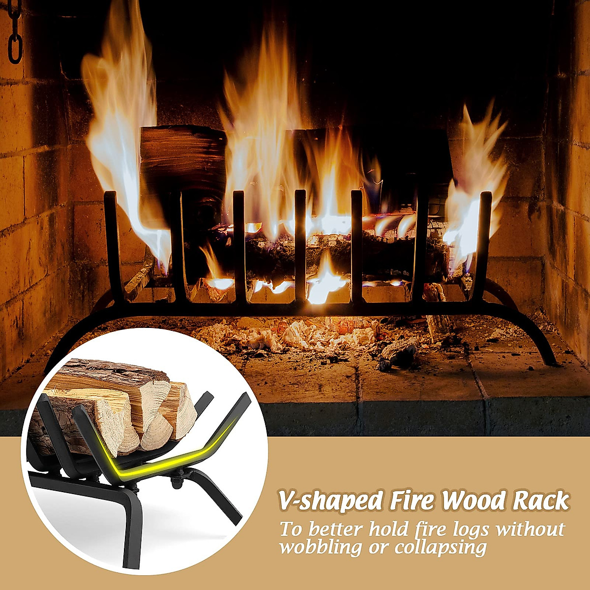 HAPPYGRILL 18 Inch Fireplace Log Grate, Heavy-Duty Solid Steel, Black, Firewood Burning Rack, Indoor Outdoor Use