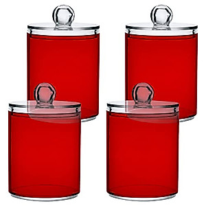 JUMBEAR 2 Pack Red Solid Color Qtip Holder Dispenser with Lid 14 oz Clear Plastic Apothecary Jar Set for Bathroom Vanity Organizers Storage Containers