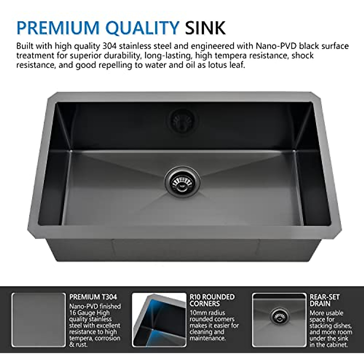 33 Black Undermount Kitchen Sink, 33x19x10 Inch 16 Gauge Black Stainless Steel Single Bowl Workstation Kitchen Sinks With Accessories BL34