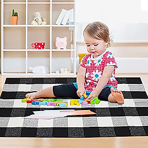 LulusVente Buffalo Plaid Outdoor Rug – 27.5x43in Machine Washable 2.1lbs Hotel Grade Thick Woven Yarn Black White Plaid Check Farmhouse Cotton for Indoor / Outdoor Front Porch Runner Layered Doormat