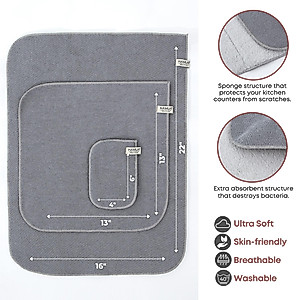 HAMUR Kitchen Dish Drying Mat 3-Set, Super Absorbent Drainer Mats for Kitchen Counter, Multiuse Draining dishes Pad with cleaning rug & dish sponge, under dish rack & sink pad