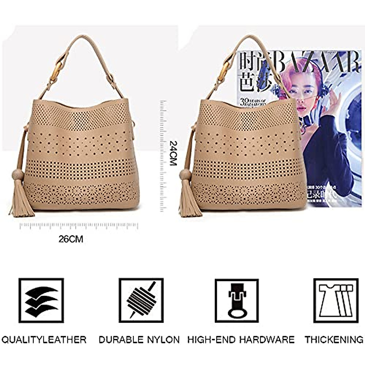 Downupdown 2PC Handbags and Purse for Women Hollow Out Leather Top Handle Handbag Tassel Beach Bag Tote Bags Hobo Purses Set-Pink