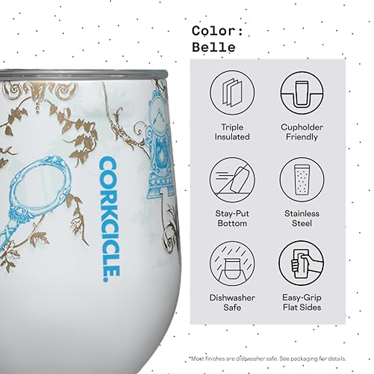 Corkcicle Disney Princess Belle Stemless Wine Glass Tumbler, Triple Insulated Stainless Steel Construction, Sliding Shatter-Proof Travel Lid, Keeps Beverages Chilled for 9 Hours, 12 oz