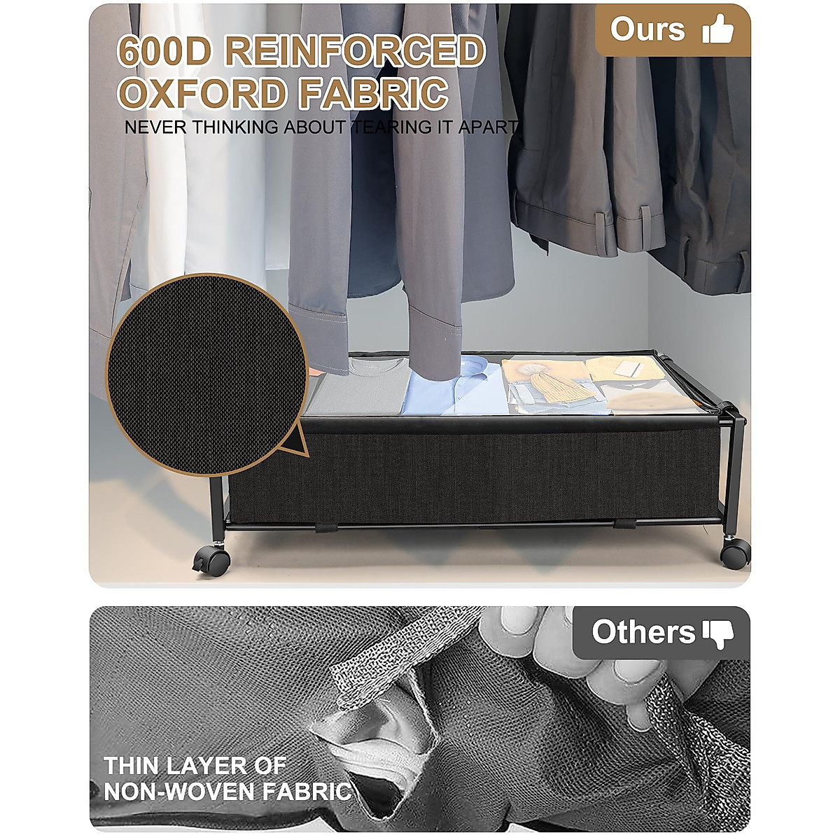 JEPEErbz Under Bed Storage with Wheels 2 Packs, Under Bed Drawers on Wheels, Underbed Storage with Wheels and Lid, Rolling Under Bed Drawers for Clothes, Shoes, Blankets, Toys (Black)