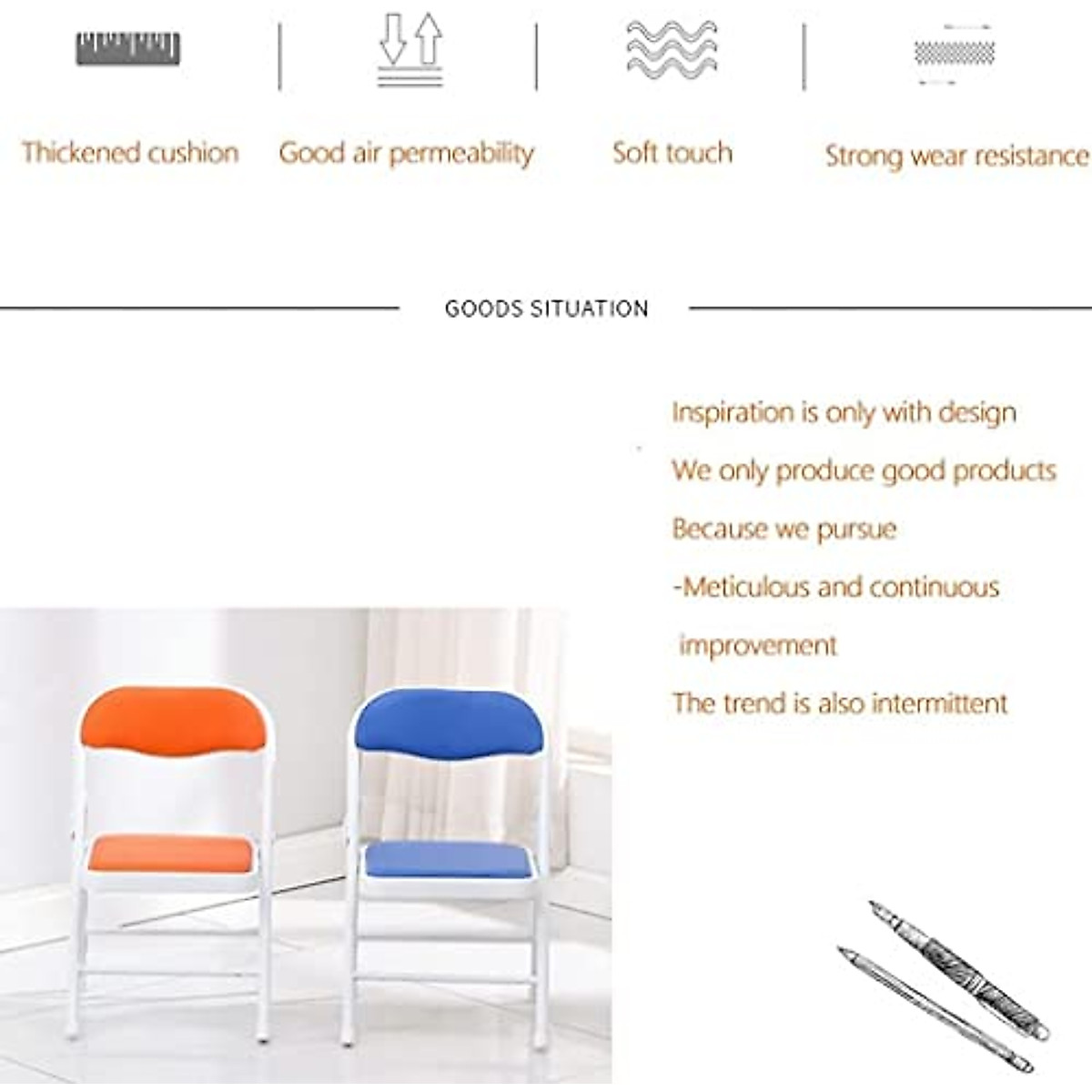 Chairs Chair Sturdy Folding Chair, Camping Chair, Padded Backrest, No Armrests, Household Dining Chairs Sturdy Legs Event Chair (Color : Orange, Size : 20.9in)