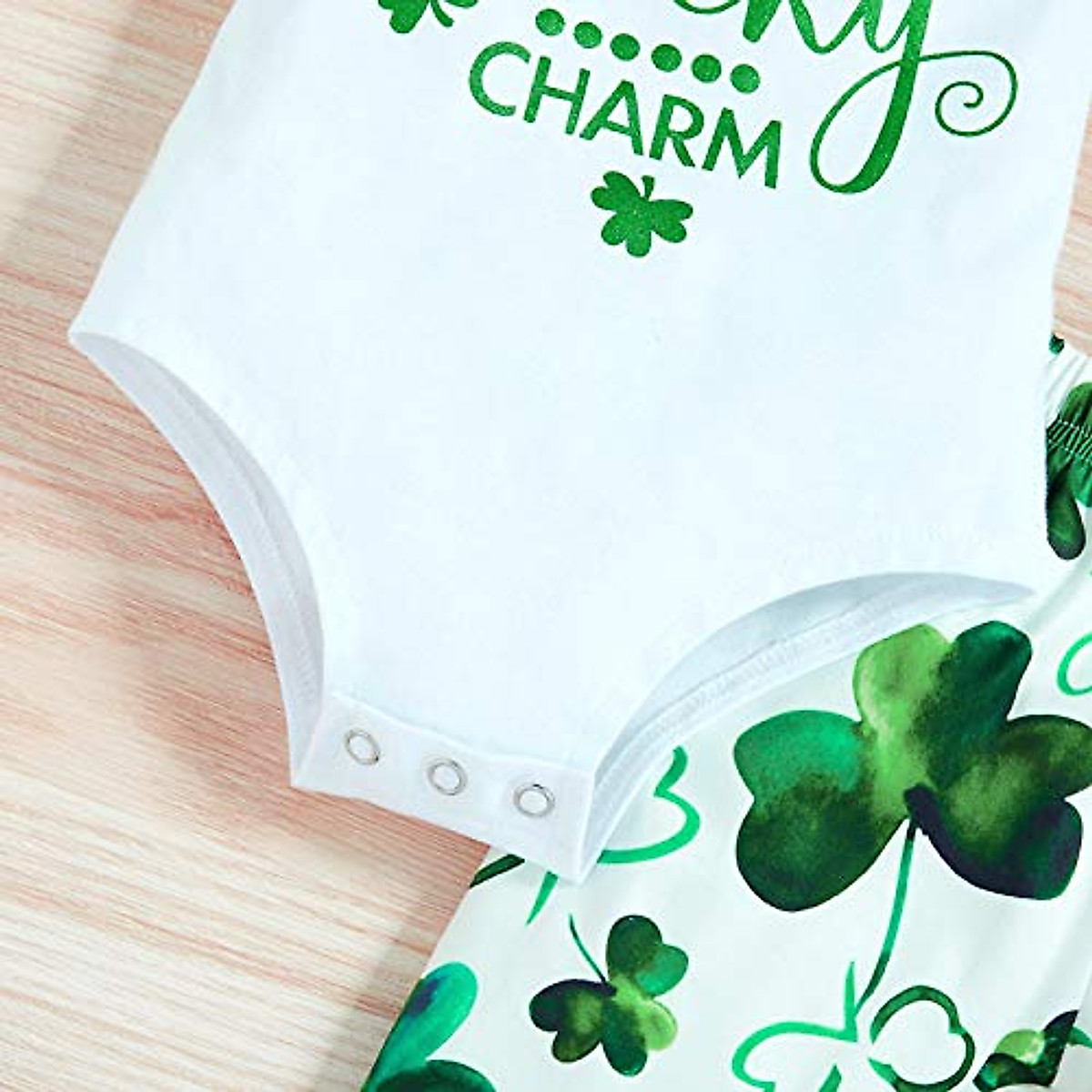 Baby girl 1st St. Patricks Day Outfits Lucky Charm Romper+Clover Pants+Headband 3Pcs Outfits Set (White, 3-6 Months)