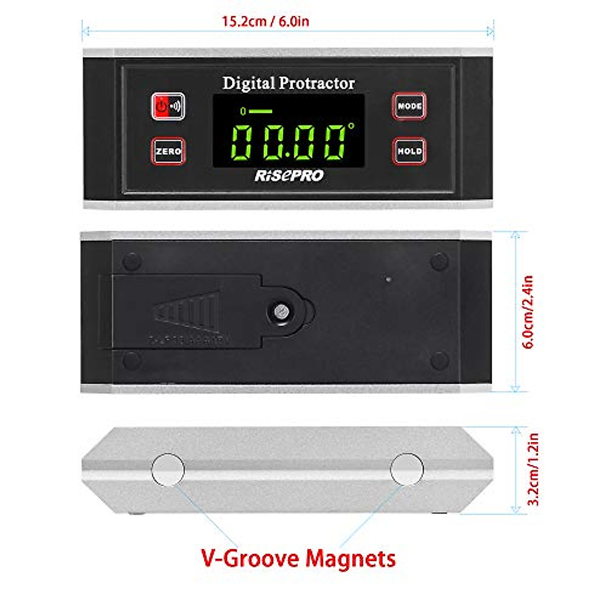 Inclinometer, RISEPRO® Digital Protractor Angle Finder Level Inclinometer Magnetic V-Groove 0~360 degree with Backlight 82413B