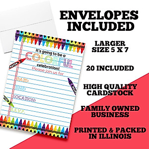 Amanda Creation Colorful Rainbow Crayons themed Birthday Party Fill in Invitations, set of twenty, includes envelopes