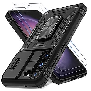 DEERLAMN Case for Samsung Galaxy S23 with Slide Camera Cover+Screen Protector(2 Packs), Rotated Ring Kickstand Military Grade Shockproof Protective Cover-Black