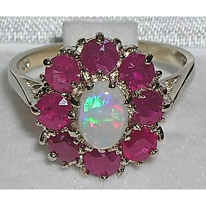 LetsBuyGold 925 Sterling Silver Real Genuine Opal and Ruby Womens Cluster Engagement Ring - Size 6