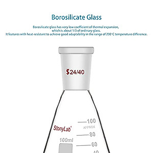 StonyLab Glass 24/40 Erlenmeyer Flask, Borosilicate Glass Heavy Wall Flask with 24/40 Standard Taper Outer Joint, 100ml