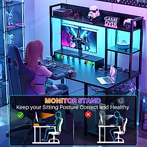 Cyclysio Gaming Desk with Hutch, 39'' Computer Desk with LED Lights & Power Outlets, Home Office Desk with Reversible 5 Tiers Storage Shelves & Monitor Stand, Small Gaming Table for Small Space, Black