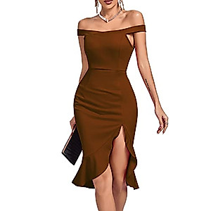 LYANER Women's Off Shoulder Ruffle Split Hem Bodycon Party Club Midi Dress Brown Medium