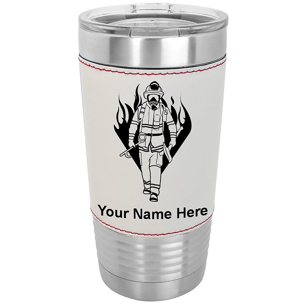 LaserGram 20oz Vacuum Insulated Tumbler Mug, Fireman, Personalized Engraving Included (Faux Leather, Baseball Style)
