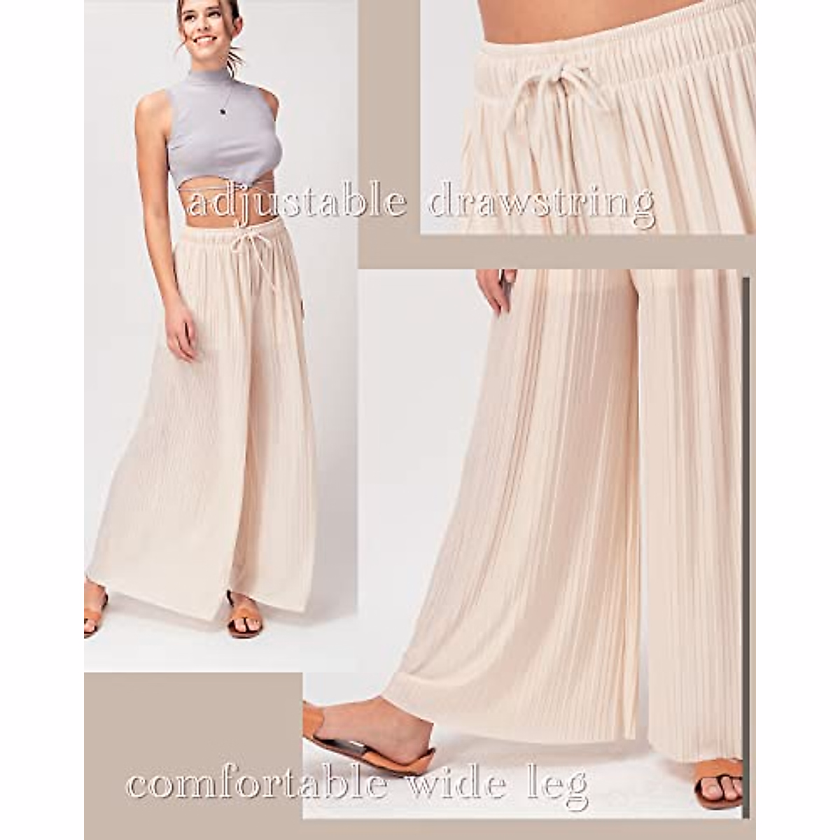 URBAN DAIZY Women's Wide Leg Pants - Woven Pleated with Lining Palazzo High Waisted Elastic Waist Casual Lounge Trousers A64_1028 Ash Rose XL