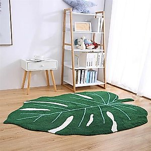 Poowe Monstera Non Slip Bath Mat or Kitchen Tufted Rug | Plant Leaf Shaped Kids Pets Floor Mat Carpet 17.7"×29.5"