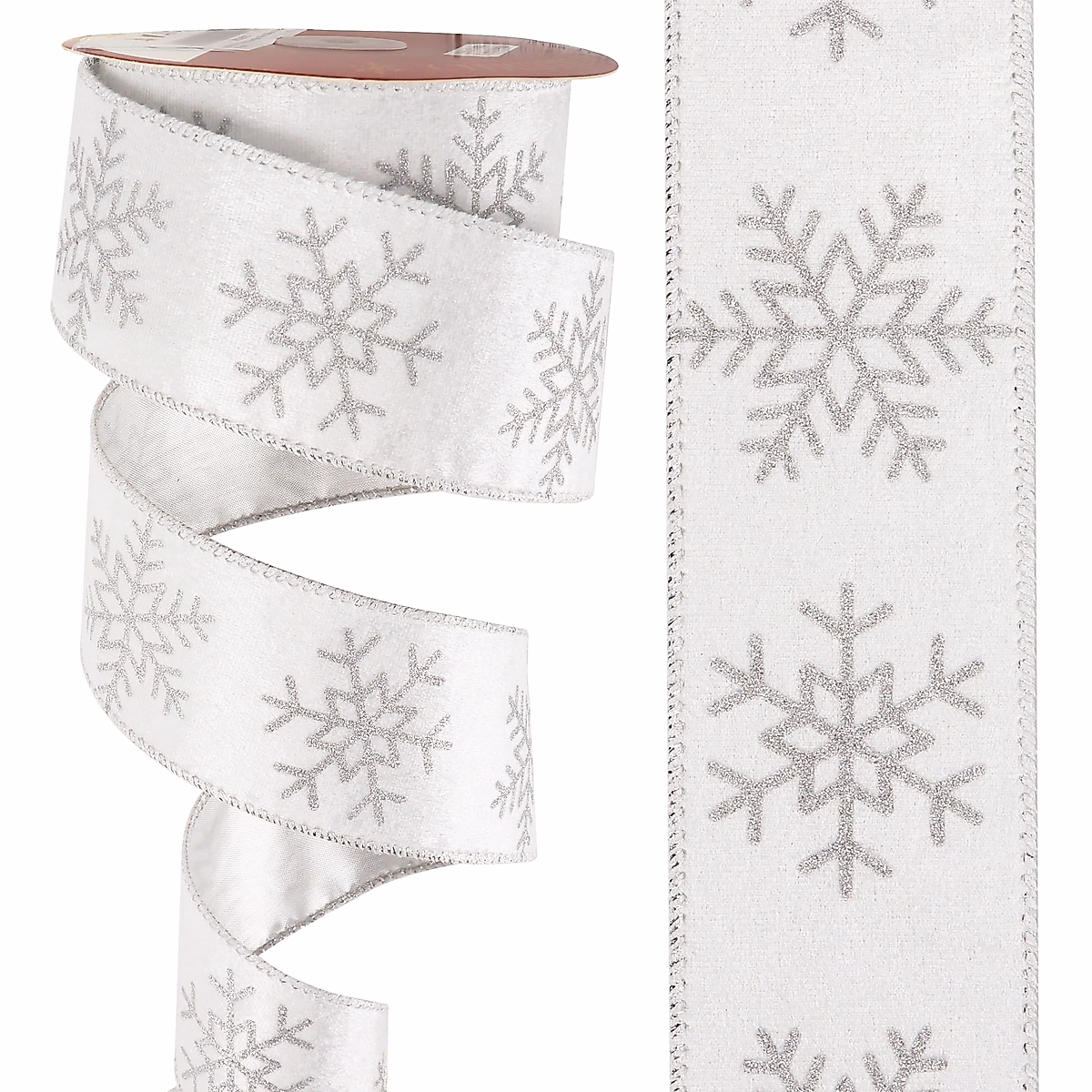 AIMUDI White Christmas Velvet Ribbon Wired 2.5 Inch Silver Glitter Snowflake Wired Ribbon for Wreaths White Ribbon for Christmas Tree, Gift Wrapping, Garland, Holiday Crafts, Topper Bows - 10 Yards
