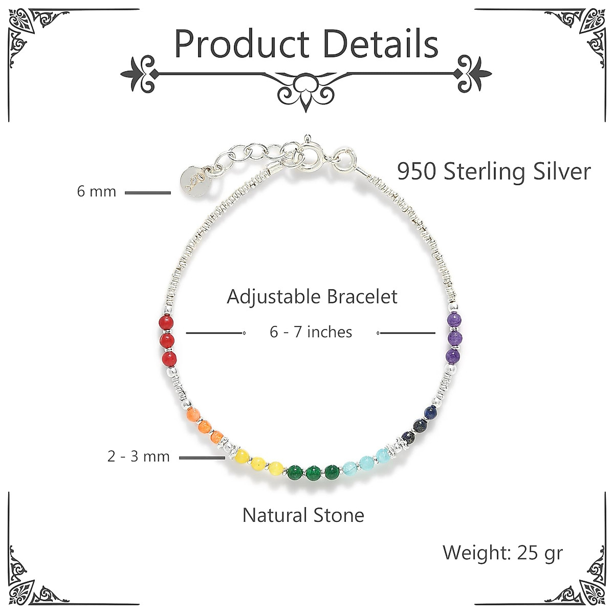 Simbolik Silver 7 chakra bracelet for women, made with 950 sterling silver and natural agate (7 Chakra Bracelet Model 2)