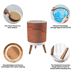 SHL96PZGX Small Trash Can with Lid Old Terracotta Painted Stucco Wall with Cracked Plaster Backgro with Wood Legs Wastebasket Round Garbage Bin for Kitchen, Bathroom, 1.8 Gallon - 7L