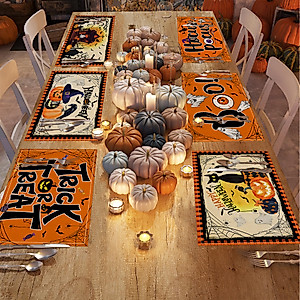 Halloween Placemats Set of 6,12x18 Inch Halloween Decorations Place Mats for Dining Table with Treat or Trick