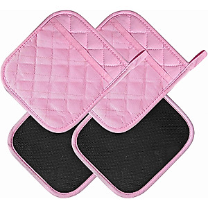 ARCLIBER Pink Pot Holders,4PCS Heat Resistant Hot Pads,Non-Slip Rubber Surface Design,Cotton Infill Kitchen Potholders Set