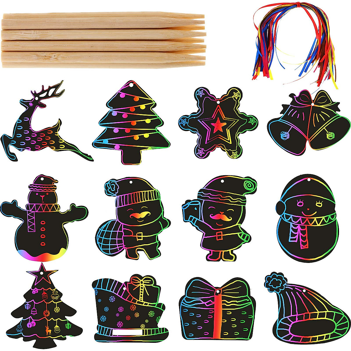 72 Pieces Christmas Scratch Ornaments Scratch Art Ornaments Scratch Paper Craft Hanging Craft Art Kits with Wooden Stick and Rope for Kids Christmas Party Decorations