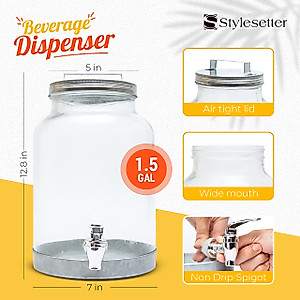 Style Setter Glass Drink Dispenser for Parties -1.5 Gallon Large Capacity Beverage Dispenser - Easy Assembling with Leakproof Spigot and Galvanized Base - Sweet Tea, Lemonade, Punch, Water Dispenser