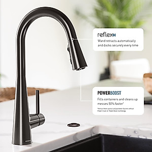 Moen Sleek Matte Black One Handle, Single-Hole Pulldown Kitchen Faucet with PowerBoost Technology for Faster Water Flow, Moder Kitchen Sink Faucet with Pulldown Sprayer, 7864BL