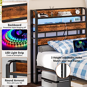 Furnulem Twin Size Headboard Only 2 Outlets 2 USB Ports Bed Headboards with Charging Station 2 Tier Storage Headboard Shelf for Dorm Bedroom Sturdy Adjustable RGB Light Headboards Rustic Brown