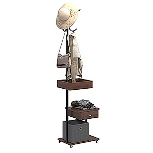 soges Coat Rack and Nightstand, Brown Wooden Nightstands with One Drawer and One Non-woven Basket, Metal Coat Rack for Bedroom, Living Room