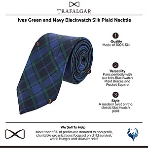 Trafalgar Men's Ives Green and Navy Blackwatch Plaid Silk Necktie, Green and