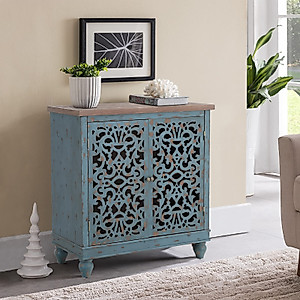 Sophia & William Accent Cabinet with 2 Doors, Distressed Storage Cabinet with Wood Frame and Hollow-Carved Door for Entryway Living Room, Blue