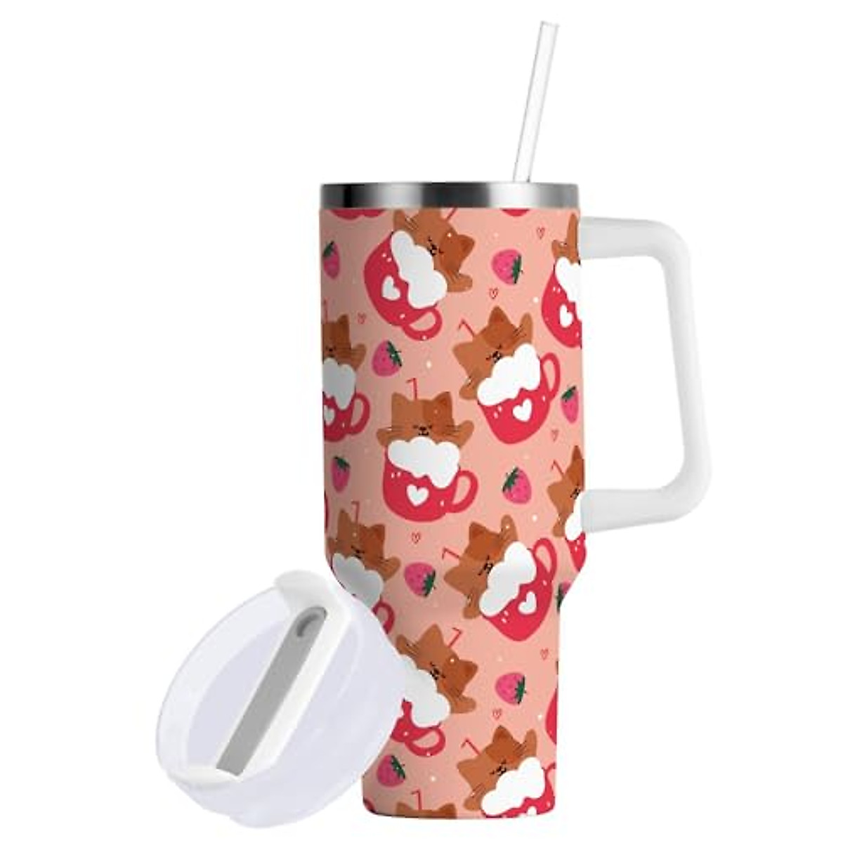 ARGTILDN 40 oz Tumbler Cup Cats Strawberry Insulated Travel Mug with Handle and Straw Lid Stainless Steel Vacuum Coffee Cup Tea Beverage Container Water Bottles for Car Sports office