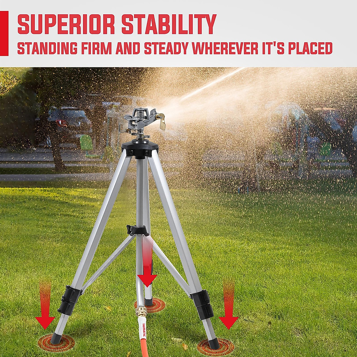 YAMATIC Impact Sprinkler on Adjustable Tripod Base, 360 Degree Large Area, Heavy Duty Adjustable Pulsator Sprinkler for Lawn, Yard and Grass Irrigation, Spray up to 20-90ft(Zinc Head)