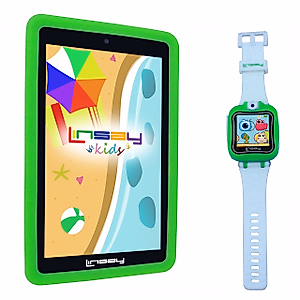 LINSAY® 7" Kids Funny Tablet Green with 1.5" Kids Smartwatch 90 Degree Selfie Camera Green