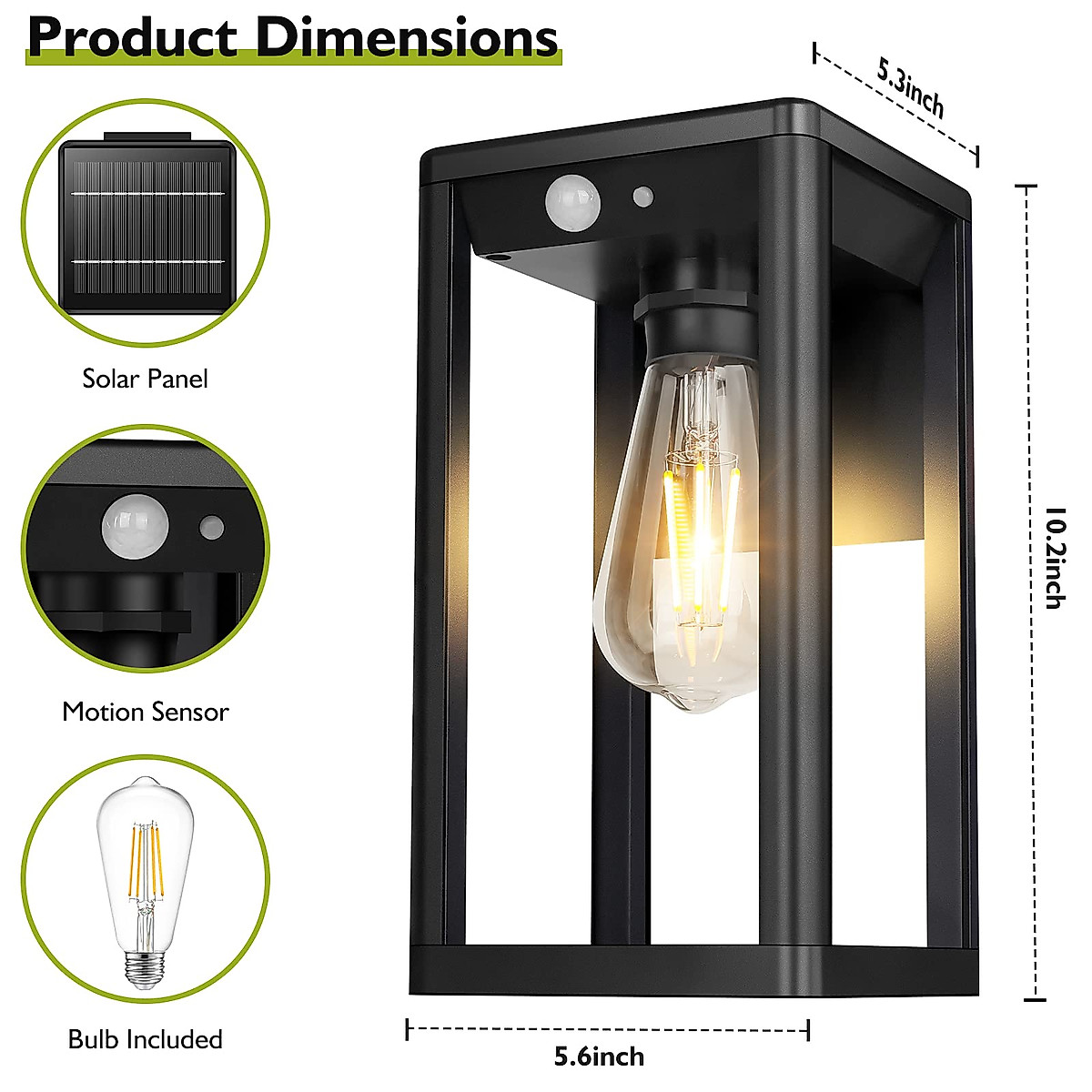 Solar Wall Light Outdoor, Motion Sensor Porch Light Fixture, Wireless Dusk to Dawn Exterior Wall Lantern with 3 Modes and LED Bulb, Waterproof Black Outside Wall Sconce for Front Door Patio Doorway