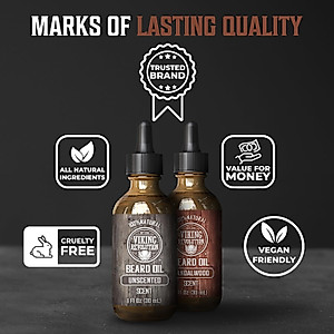 Viking Revolution Sandalwood and Unscented Beard Oil for Men - Natural Mens Beard Oil with Argan Oil and Jojoba Oil - Beard Softener, Strengthens and Moisturizes - Beard Conditioner for Men (2 Pack)