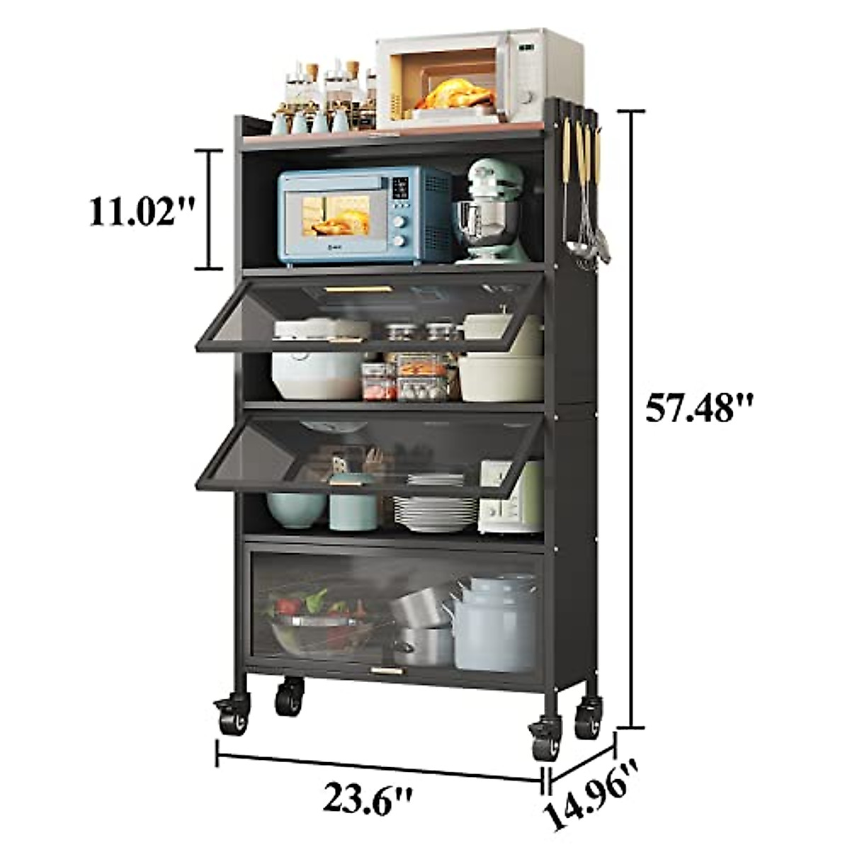 GILLAS 5-Tier Bakers Racks for Kitchen with Storage, Free-Standing Microwave Stand with Organzier Shelf, Kitchen Utility Storage Shelf with Flip Door Cabinet, Coffee Bar Cabinet, Black, Medium