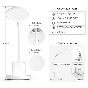 Vicsoon Desk Lamp, LED Desk Lamp for Home Office, Touch Table Lamp with 3 Color Modes 360° Adjustable Arm, Dimmable Desk Light with Pen Phone Holder, White
