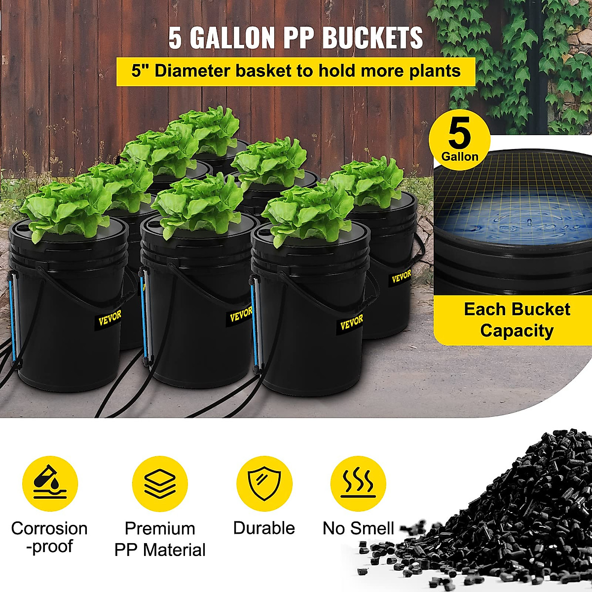 VEVOR DWC Hydroponic System, 5 Gallon 8 Buckets, Deep Water Culture Growing Bucket, Hydroponics Grow Kit with Pump, Air Stone and Water Level Device, for Indoor/Outdoor Leafy Vegetables