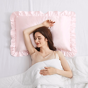 HommxJF Silky Pink Satin Ruffled Pillow Cases for Hair and Skin,Blush Pink Silk Pillowcases Standard Set of 2 with Envelope Closure Princess Room Decoration